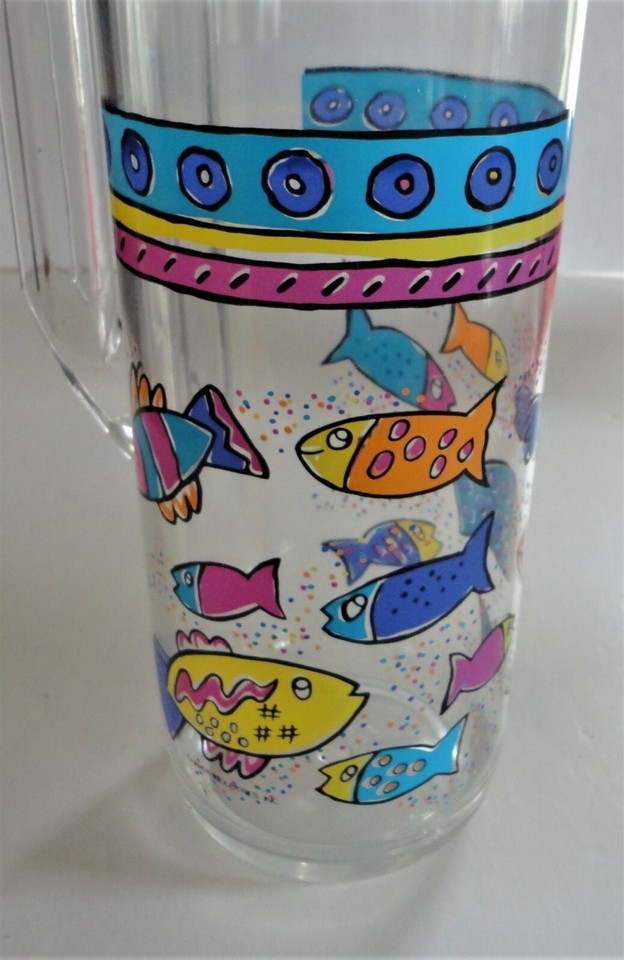 80's Vtg Modern New Box Culver Plastic Pop Art Fish 2 Qt Pitcher & 4 Pc ...