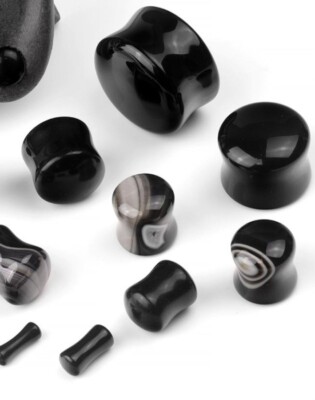 6 gauge black agate stone double flare plug pair. 12mm with 8mm ...