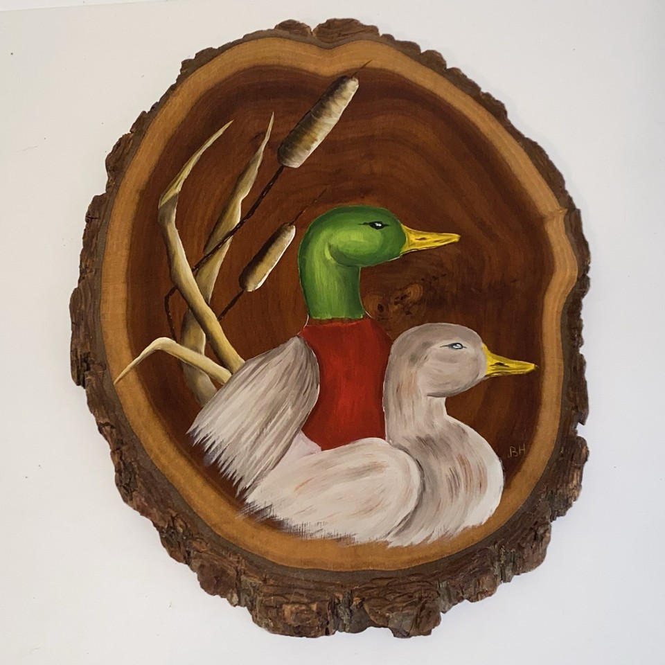 Vintage Hand Painted Mallard Duck Scene on Raw Wood Slice Slab Live ...