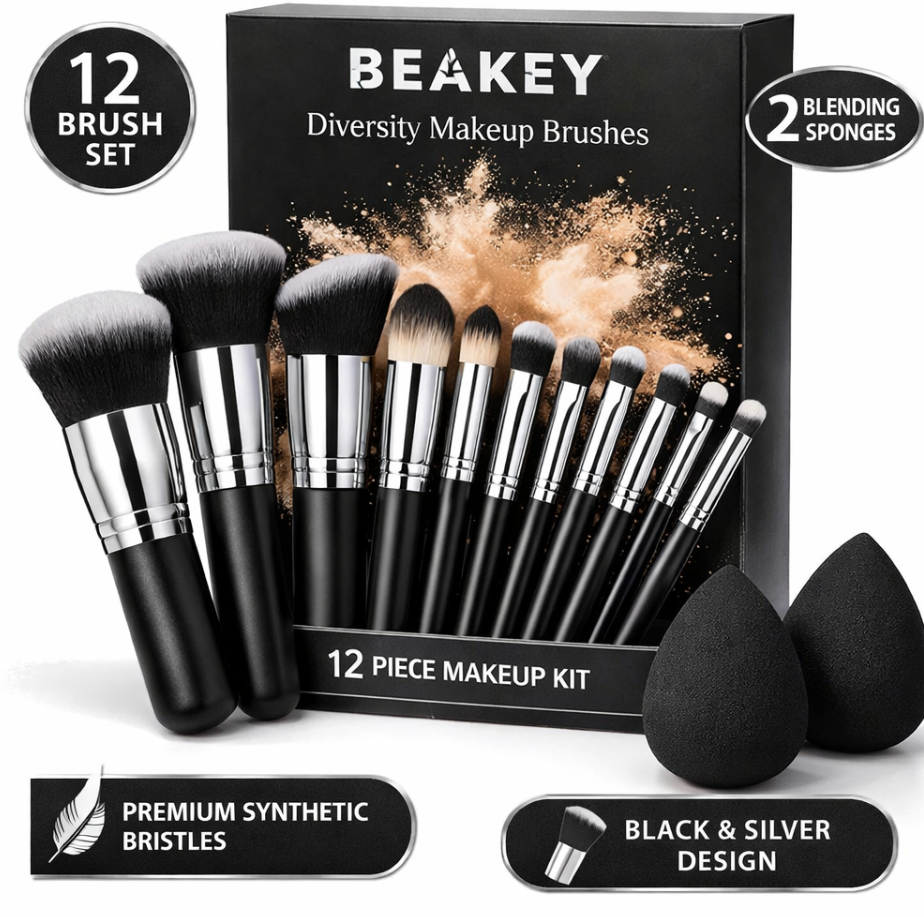 BEAKEY 12pc makeup brush set with sponges for flawless blending tools ...