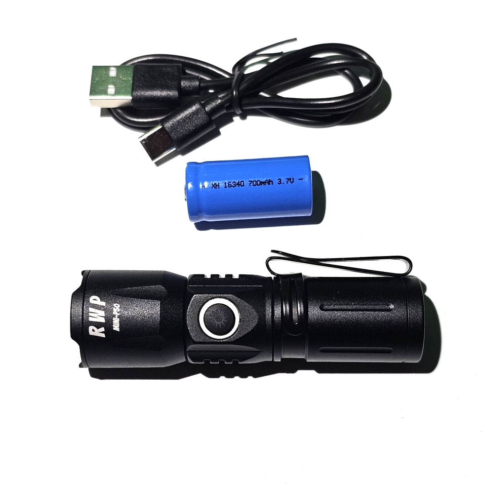 RWP MINI-P50 Tactical EDC Flashlight USB-C Rechargeable Zoom Dual Clip ...