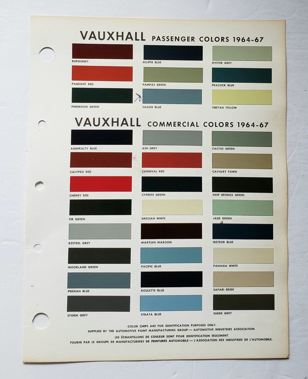 1964 1965 1966 1967 Vauxhall Auto Color Chips Chart Paint Codes | eBay