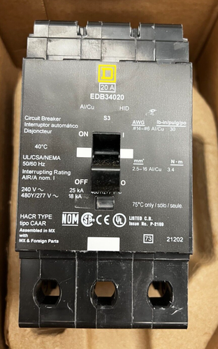 SQUARE D EDB34020 20 AMP, 3 POLE, 277/480 VOLT CIRCUIT BREAKER - NEW ...