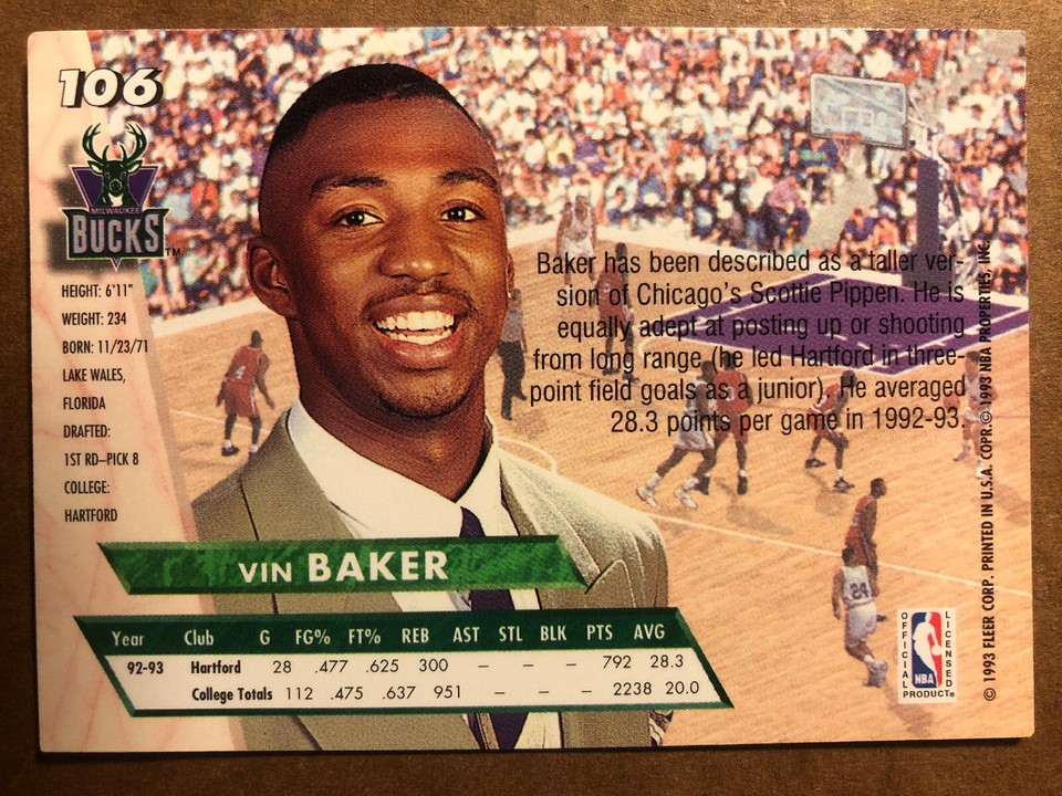 Vin Baker 1993-94 Fleer Ultra Rookie Card #106 NM (BIGJ’S) Milwaukee ...