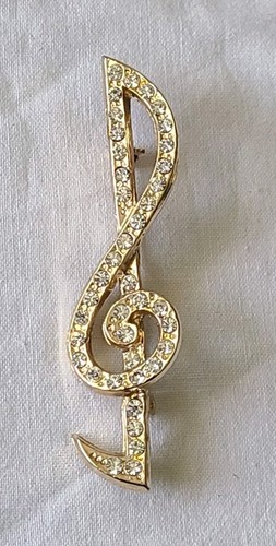 Vintage Gold Tone & Embedded Rhinestone Treble Clef Brooch Pin, Music ...