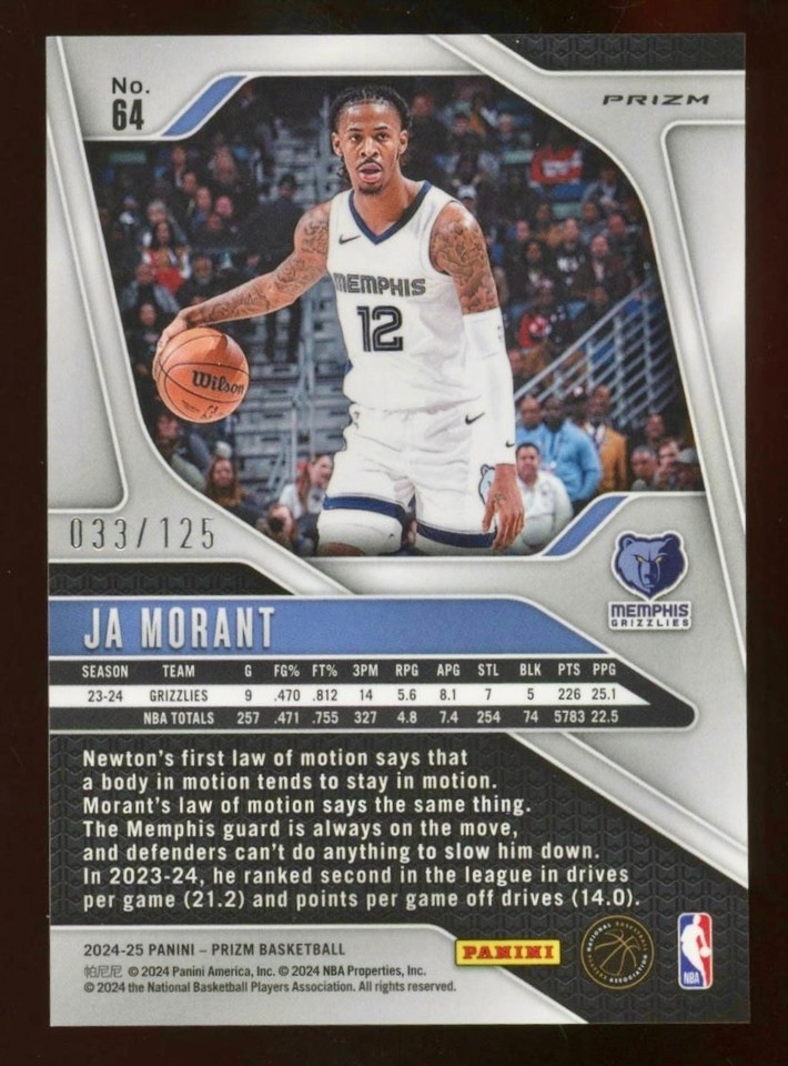 2024-25 Panini PRIZM - Ja Morant #64 BLUE WAVE PRIZM SSP /125 GRIZZLIES ...