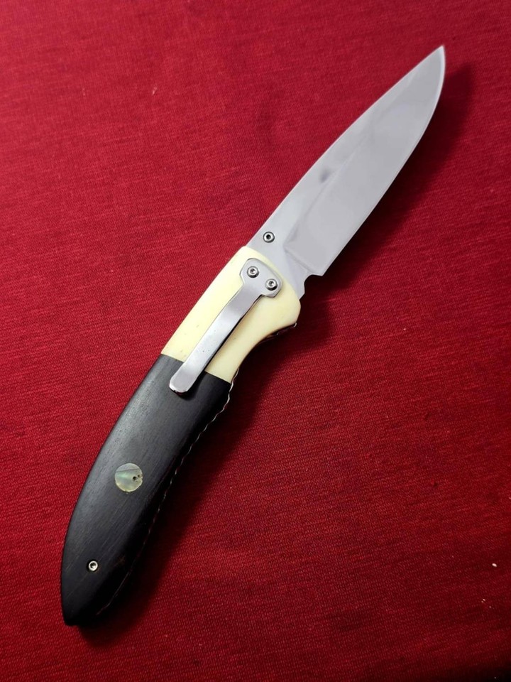 CUSTOM FOLDING KNIFE ATS 4034 STEEL Handmade Ostrich tibia Ebony Wood ...