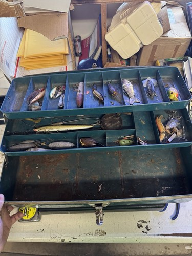 Vintage Union Steel Chest Tackle Box W/ Old Lures Lot Wood Rapala Rebel ...