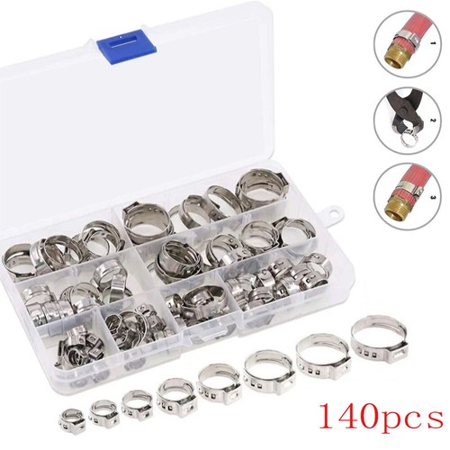 140pcs Assorted Hose Clamps Stainless Steel Ear Cinch Rings Crimp Pinch ...