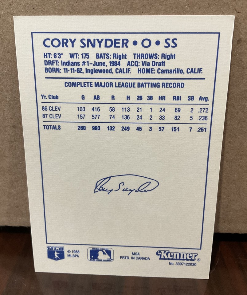CORY SNYDER 1988 KENNER STARTING LINEUP CARD - CLEVELAND INDIANS | eBay