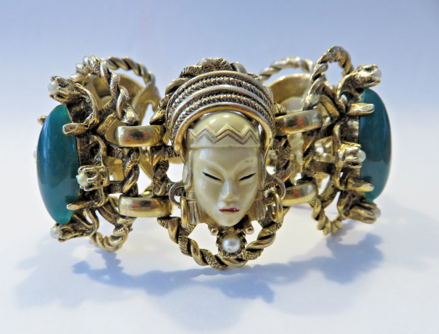 Rare Art Deco Bracelet Asian Princess Faces Chunky Go… - Gem