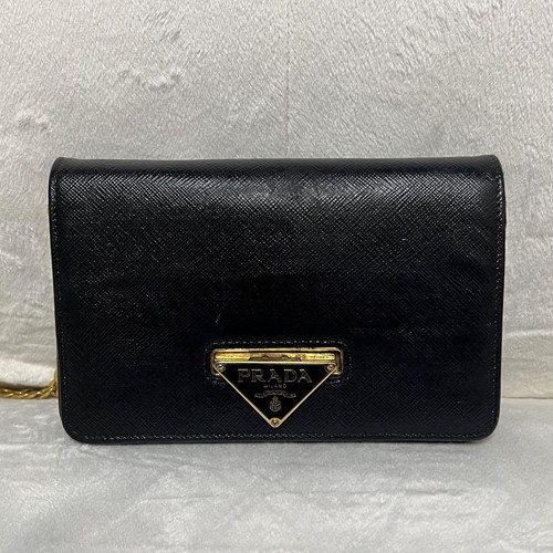 Prada Chain Shoulder Bag Triangle Logo Saffiano Leather Black #PC7ZHW ...