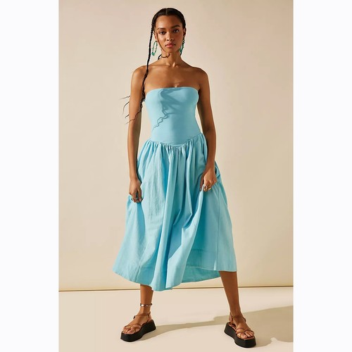 Free People Free-est Onda Drop-Waist Tube Midi Dress Strapless Flared L ...
