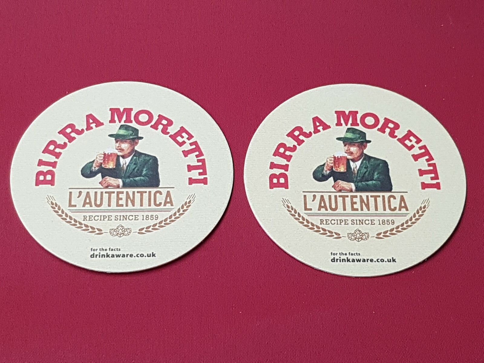 2 X BIRRA MORETTI BREWERY BEER ALE PINT GLASS COASTER MAT SOUS BOCK NEW ...