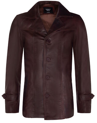 Mens Brown Leather Classic Jacket Blazer Reefer Parka Pea Coat | eBay