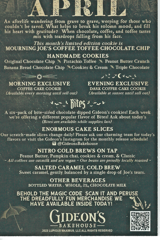 Gideon's Bakehouse - Menu - April 2023 - MOURNING JOE | eBay