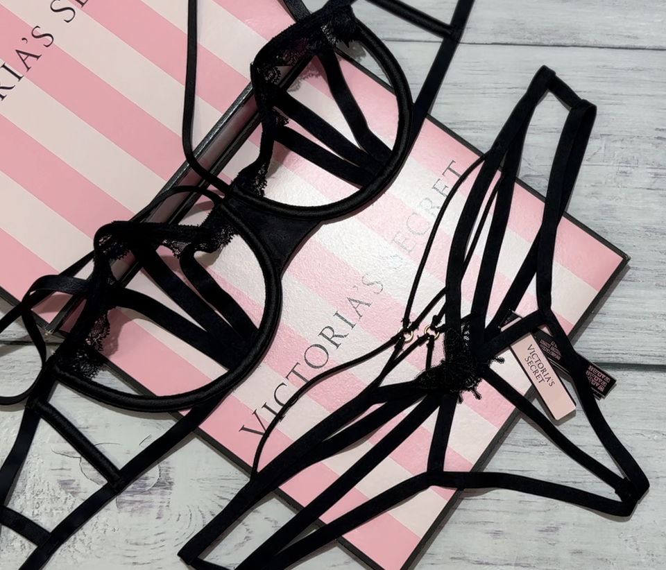 Victoria's Secret Luxe Sheer Cut-Out Strappy Balconet Bra Cheeky Set ...