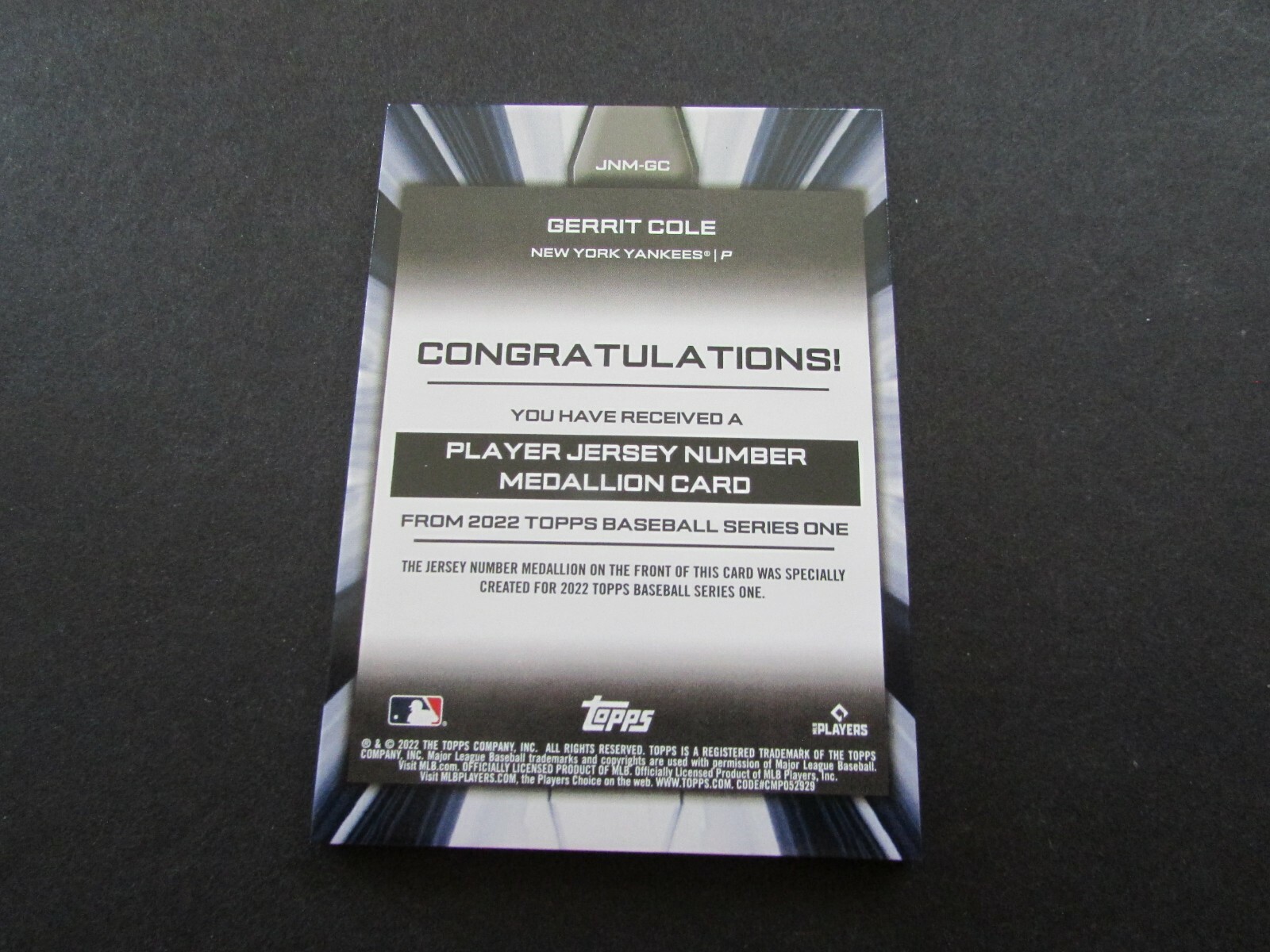 2022 Topps Series 1 Gerrit Cole Player Jersey Number Medallion Card # ...