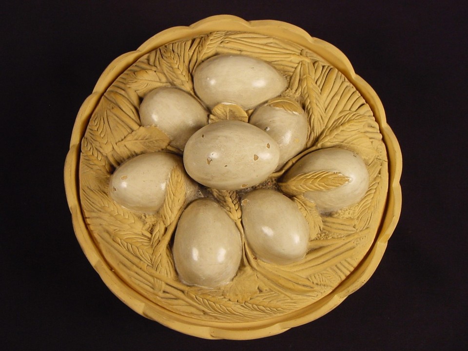 VERY RARE 1860 SIGNED GAME DISH w 8 CHICKEN EGGS CANE YELLOW WARE ...