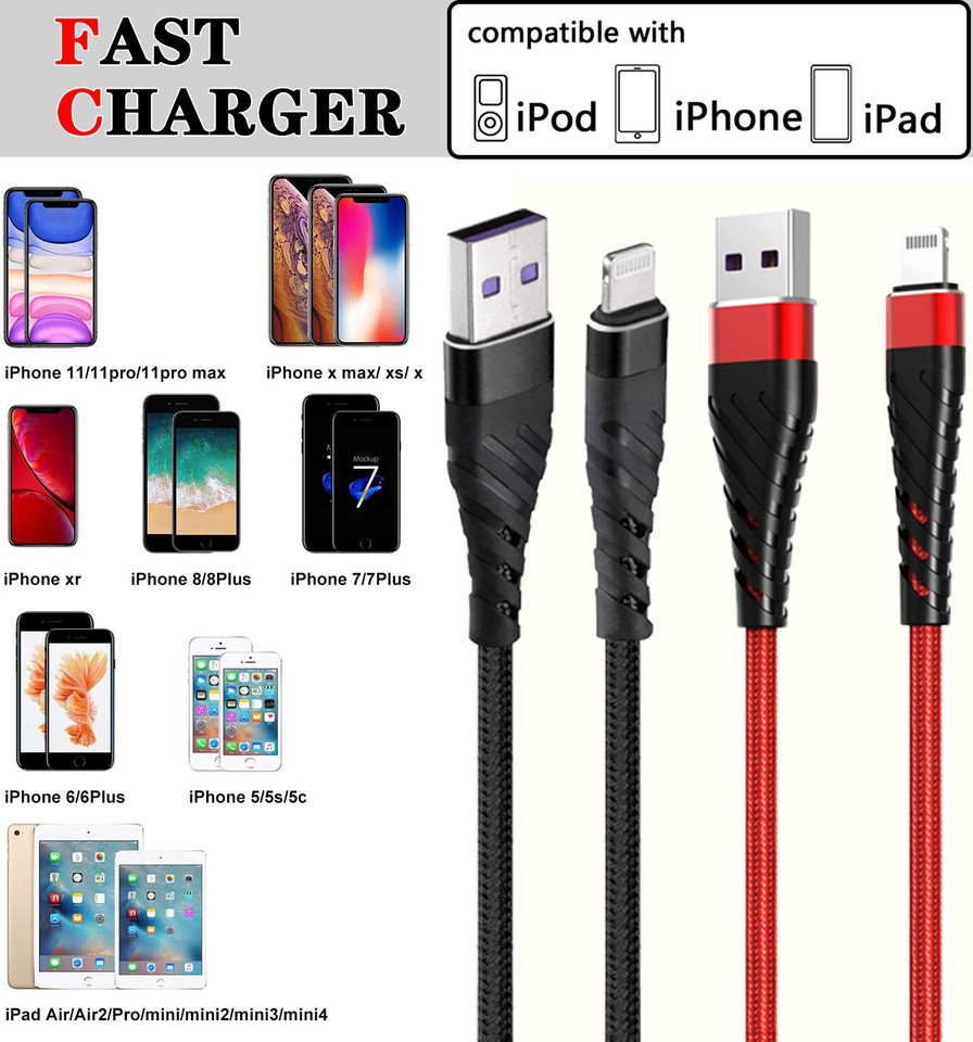 Braided Fast Charger Cable Heavy Duty USB lot Cord For iPhone 14 13 12 ...