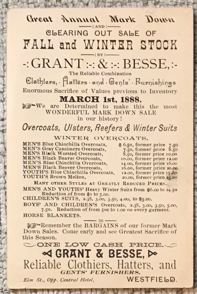 ANTIQUE VICTORIAN TRADE CARD 1880'S GRANT & BESSE, CLOTHIERS, WESTFIELD ...