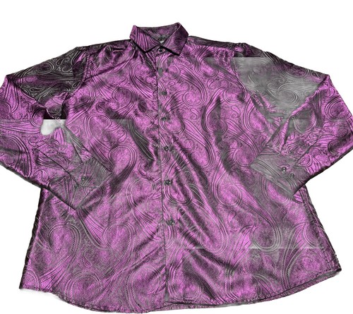 Barry Wang Damask Shirt Mens L Long Sleeve Purple Black Button Up Shiny ...