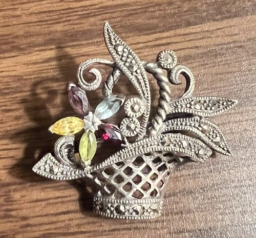 Vtg Sterling Silver Flower Basket Brooch Pin Multi Colored Gemstones ...