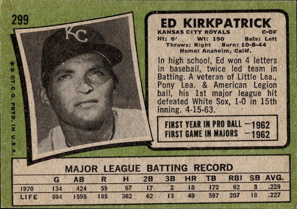 1971 Topps Ed Kirkpatrick Kansas City Royals #299 | eBay