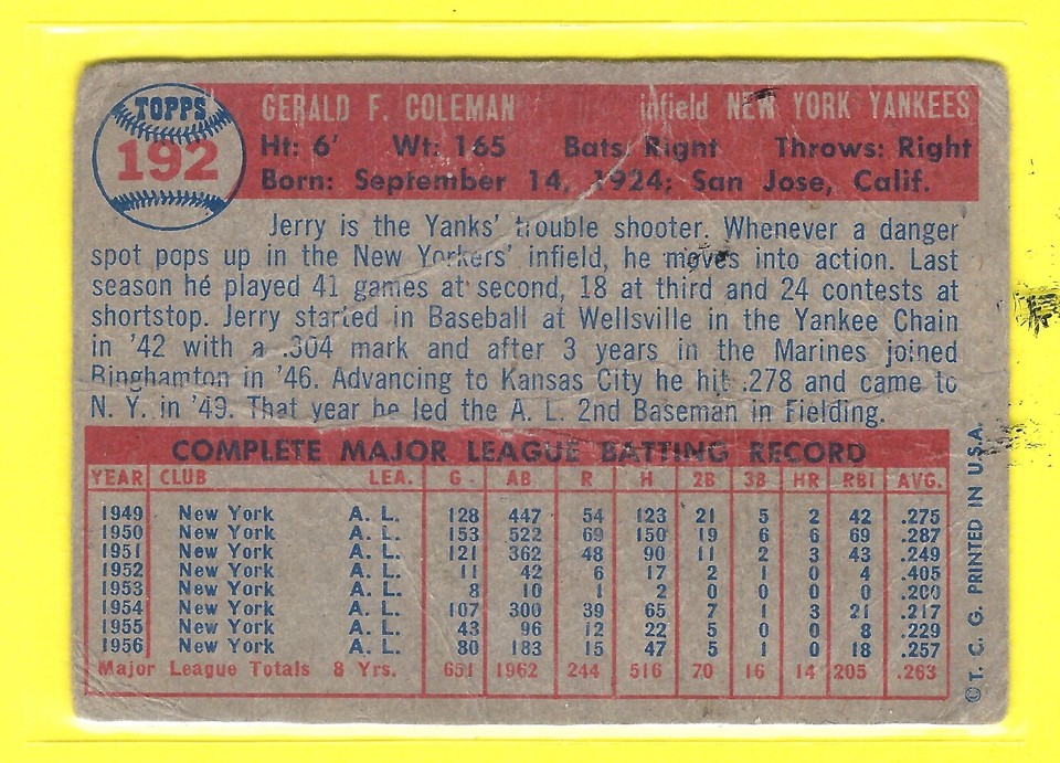 1957 TOPPS #192 JERRY COLEMAN YANKEES BASEBALL CARD | eBay