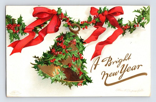 Postcard Happy New Year Holly Bell Ellen Clapsaddle 1908 Posted Divided ...