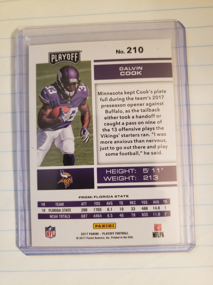 DALVIN COOK VIKINGS 2017 PANINI PLAYOFF FOOTBALL ROOKIE CARD #210 | eBay