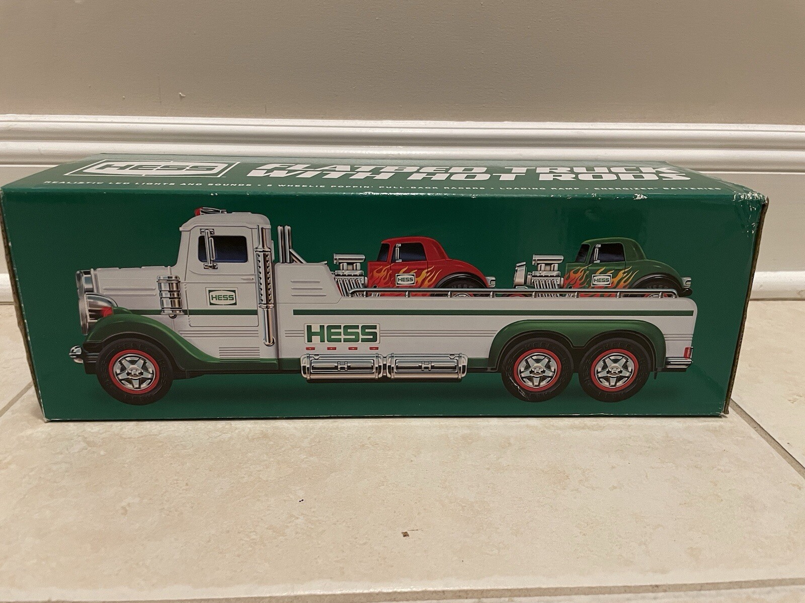 NEW Hess Toy Truck Flatbed w 2 Hot Rods Racers Vehicles Lights & Sounds ...