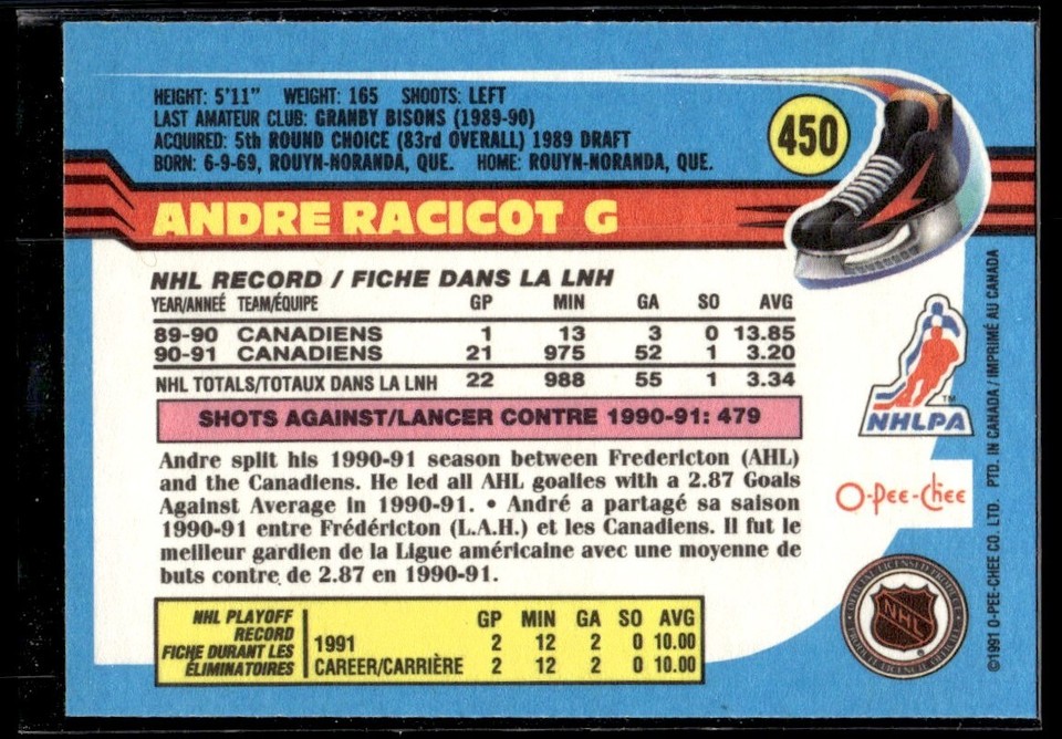 1991-92 O-Pee-Chee Andre Racicot RC Montreal Canadiens #450 | eBay
