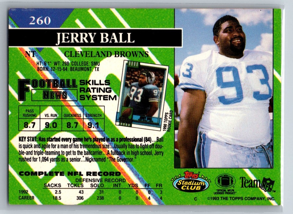 1993 Topps Stadium Club Jerry Ball Cleveland Browns #260 | eBay