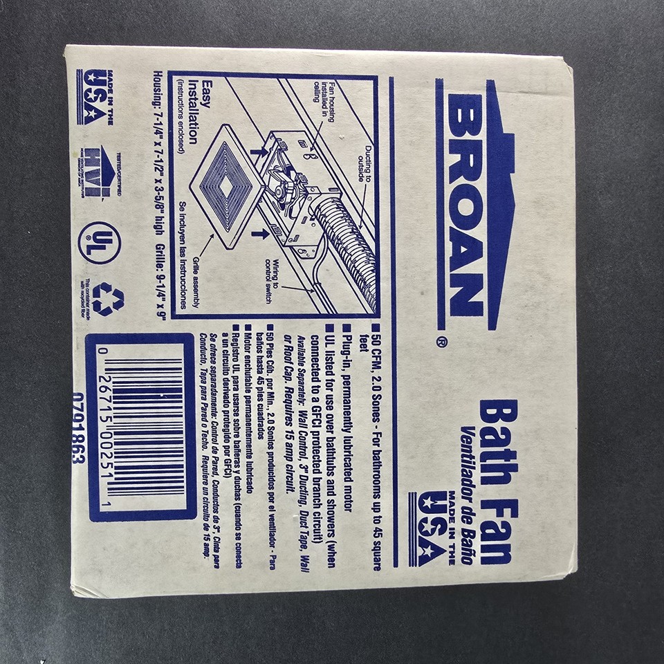 Broan 688 Ventilation Fan – Bathroom Ceiling Exhaust 50 CFM 2.0 SONES ...