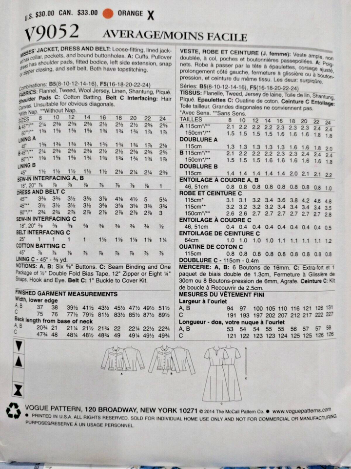 Vintage Vogue 1940's Circa '49 Repro Suit, Jacket & Dress Pattern V9052 ...