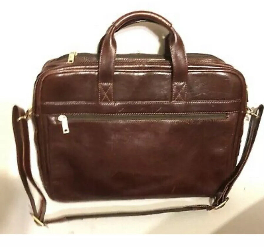 Vantaggio Brown Leather Briefcase Laptop Italy Double Zip | eBay