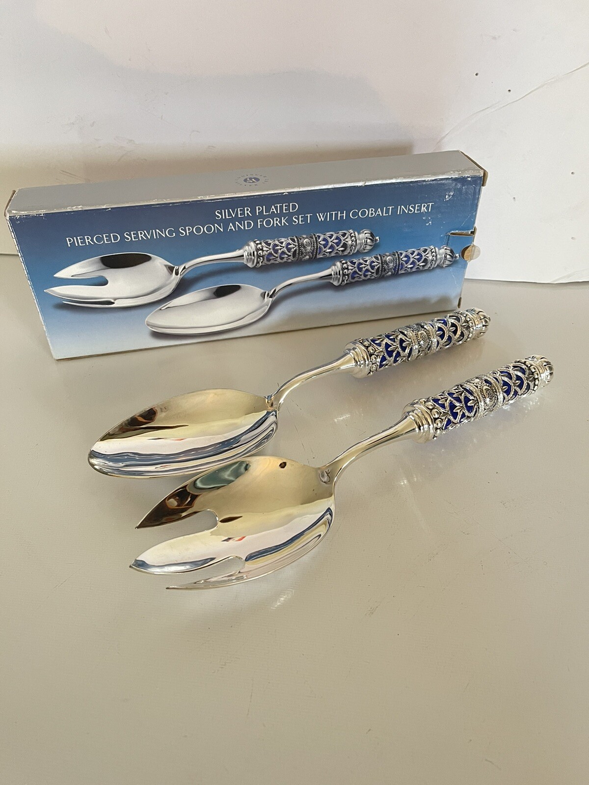Godinger Silver Plated Pierced Serving Spoon & Fork Cobalt (S55) | eBay
