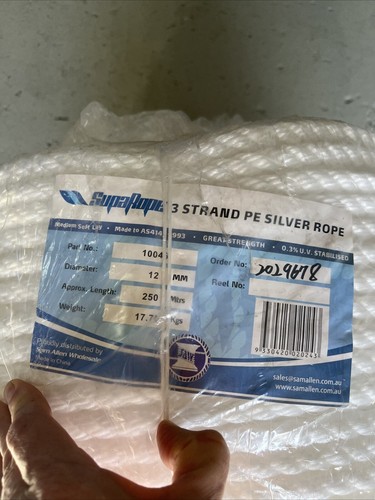 3 Strand PE Silver Rope. Sam Allen, Colour white, new condition, 14mm x ...