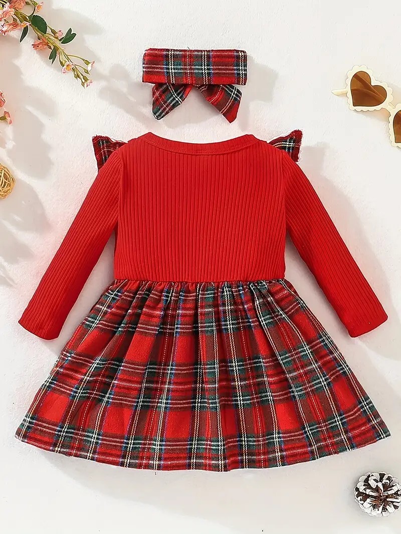 Toddler clothes Babby Dress Red 12-18 months Trim Plaid stitching long ...