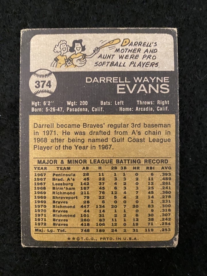 1973 Topps Baseball Darrell Evans #374 - Atlanta Braves - Poor to VG | eBay