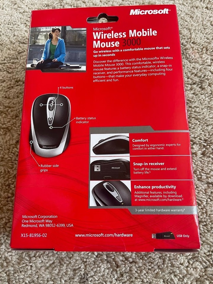 New Microsoft Wireless Mobile Mouse 3000 Model 1359 1051 PC Windows ...