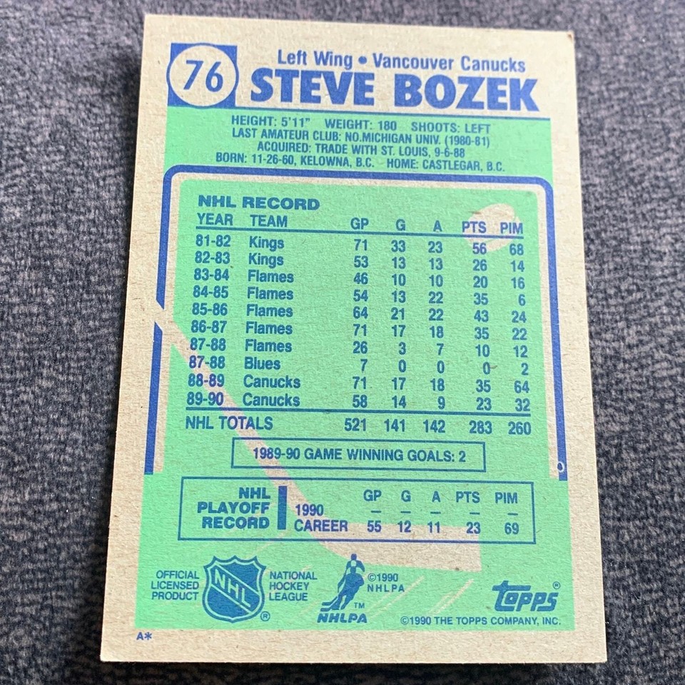 1990 Topps #76 Steve Bozek Vancouver Canucks Hockey Sports Trading Card ...
