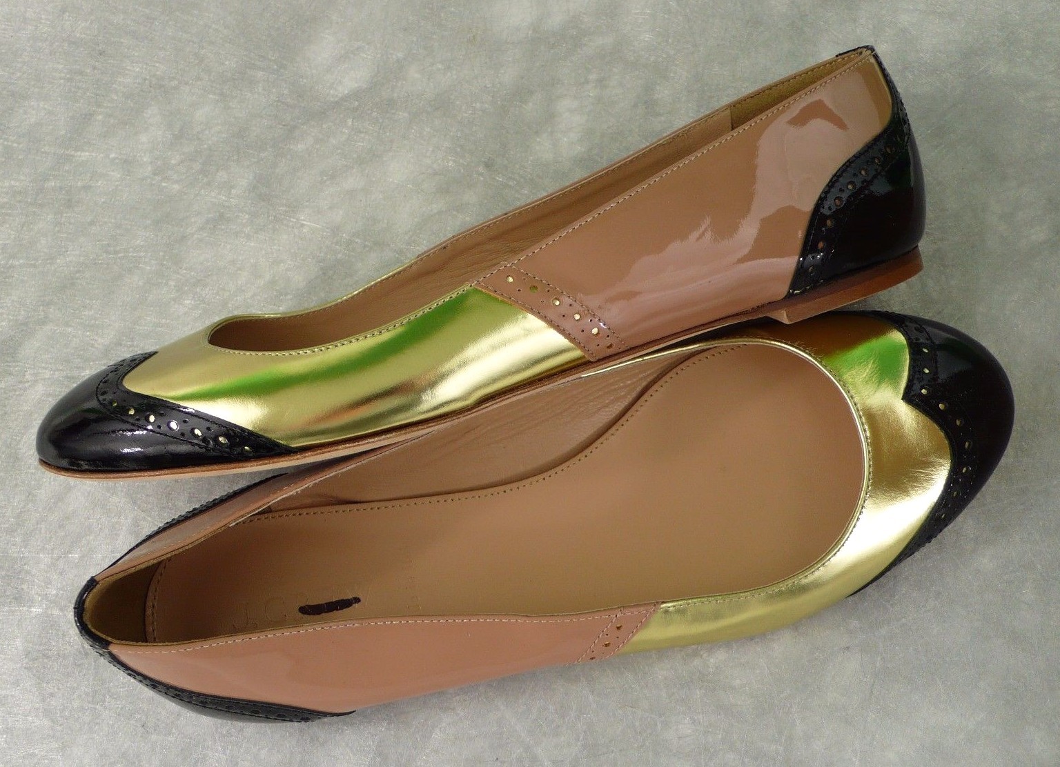 NEW J. CREW Retail $168 LEATHER SPECTATOR BALLET FLATS CLAY BLACK GOLD ...
