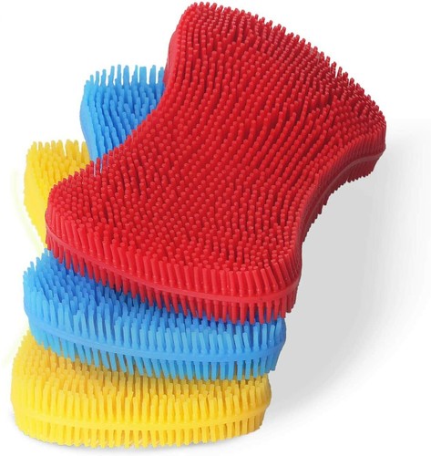 3 PACK SILICONE SPONGE SET. DURABLE REUSABLE WASHABLE (red+blue+yellow ...