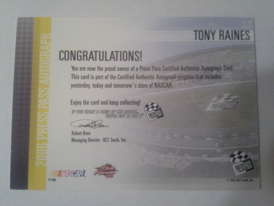 2006 Press Pass TONY RAINES #33 Outdoor Channel On card Autograph ...
