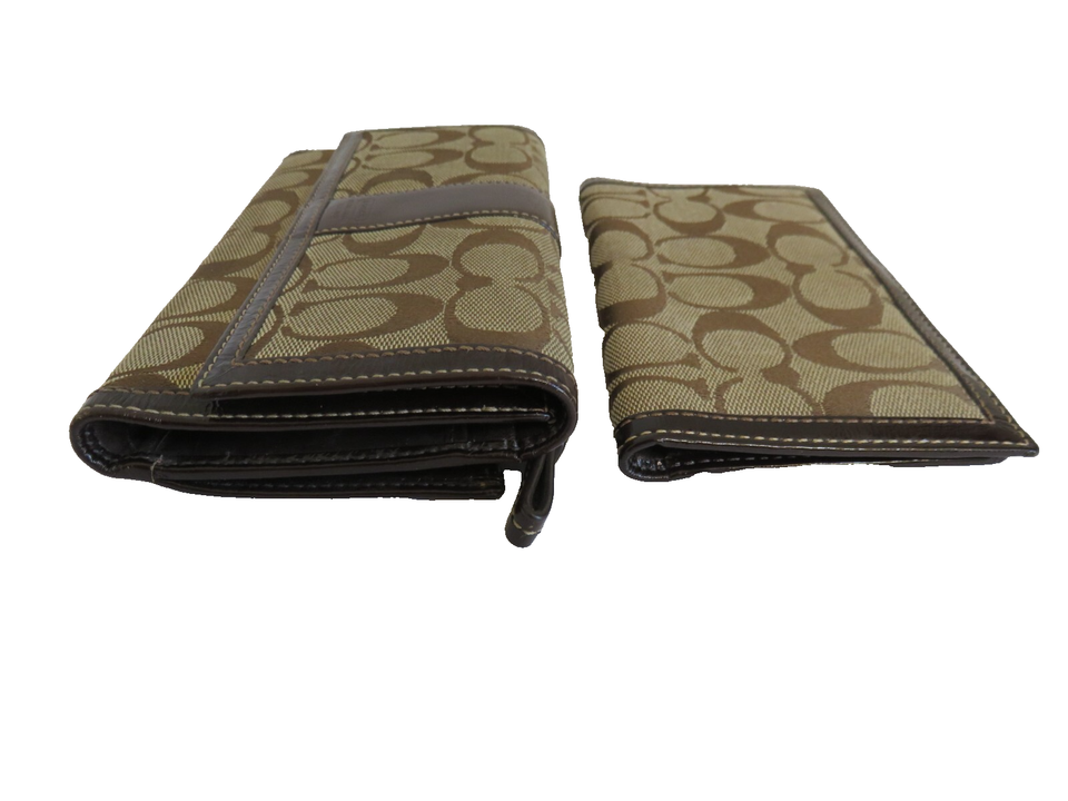 COACH Signature C Brown Canvas & Leather Trifold Wallet + Checkbook ...