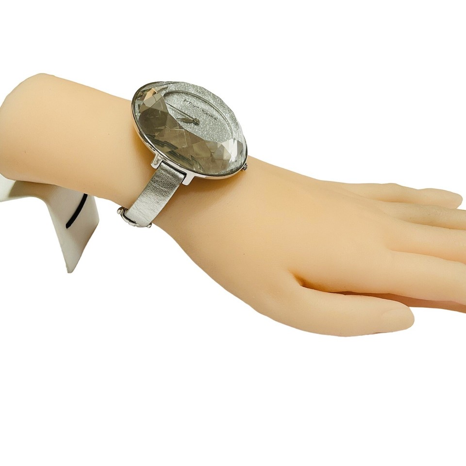 Betsey Johnson Huge Faceted Crystal Watch Thin Leather Band Statement ...