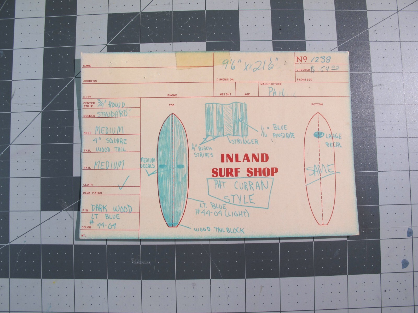 vtg 1960s - Inland Surf Shop Phil surfboards Spec Sheet Receipt Pat ...