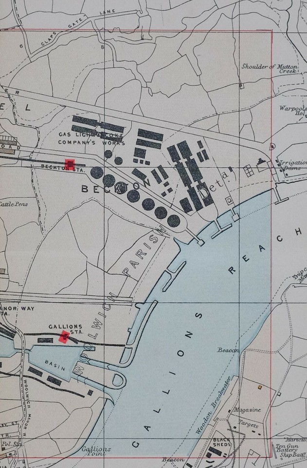 1896 MAP STREET PLAN LONDON NORTH WOOLWICH ALBERT DOCK BECKTON GAS COKE ...